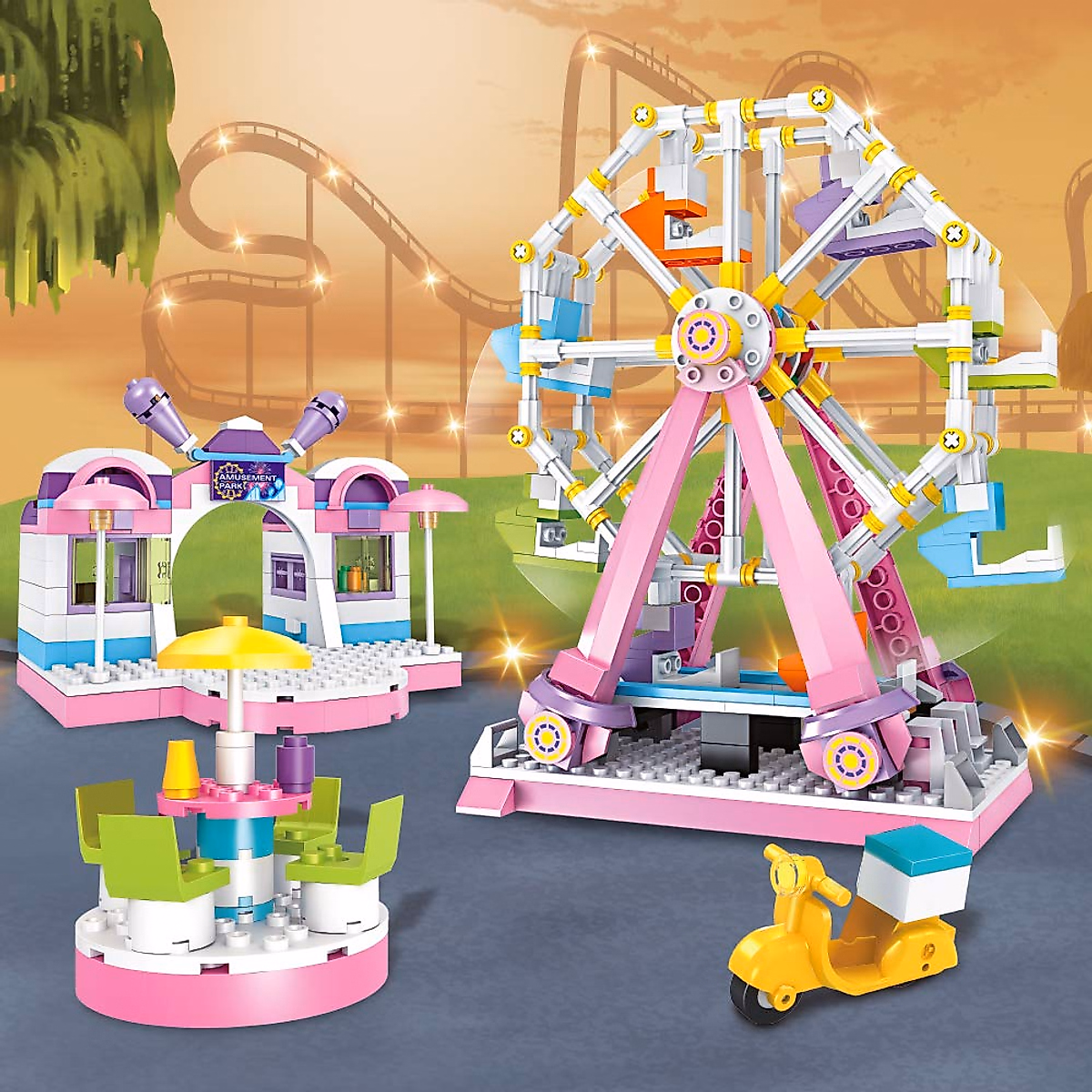 BRICK STORY Girls Friends Carnival Building Set Friends Amusement Park Building Blocks Toys with Ferris Wheel, Show Stage and 4 Mini Dolls Great Birthday Gift for Kids Age 6-12 and up, 610 Pieces