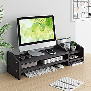 Catekro Monitor Stand Riser, 2 Tiers Wood Monitor Riser Stand with Storage Organizer, Multi-Purpose Desktop Organizer Riser for Computer,Laptop,Printer(Black)