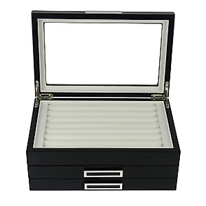 TIMELYBUYS Black Ebony Wood Cufflink Case & Ring Storage Organizer with Stainless Steel Engravable Design Accent Men's Jewelry Box for 108 Cufflinks