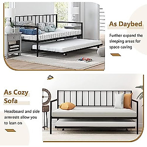 Metal Daybed with Trundle, Twin Size Day Bed Frame with Pullout Trundle, Heavy-Duty Daybed for Living Room Bedroom and Adults, Black