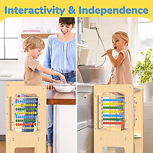 Toddler Kitchen Stool Helper, Toddler Tower, Foldable Weaning Table with Chalkboard and Plaything, Montessori Kids Foldable Step Stool and Kids Learning Standing Tower for Bathroom and Counter
