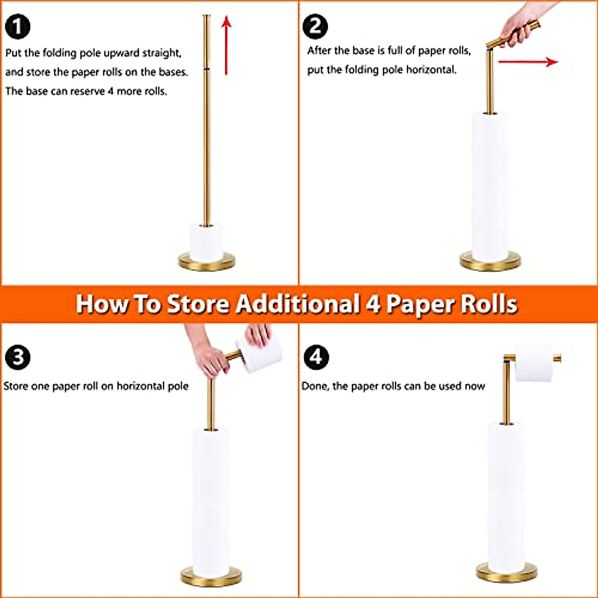 Toilet Paper Holder Stand Bathroom Toilet Paper Storage for 4 Paper Rolls with Heavy Base, Free Standing Toilet Paper Roll Holder (Gold)