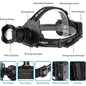 Led Rechargeable Headlamp, 100000 Lumens Head Lamps Outdoor Rechargeable, Bright Headlamps for Adults with 5 Modes & Ipx7 Waterproof 90° Adjustable Lamp Camping