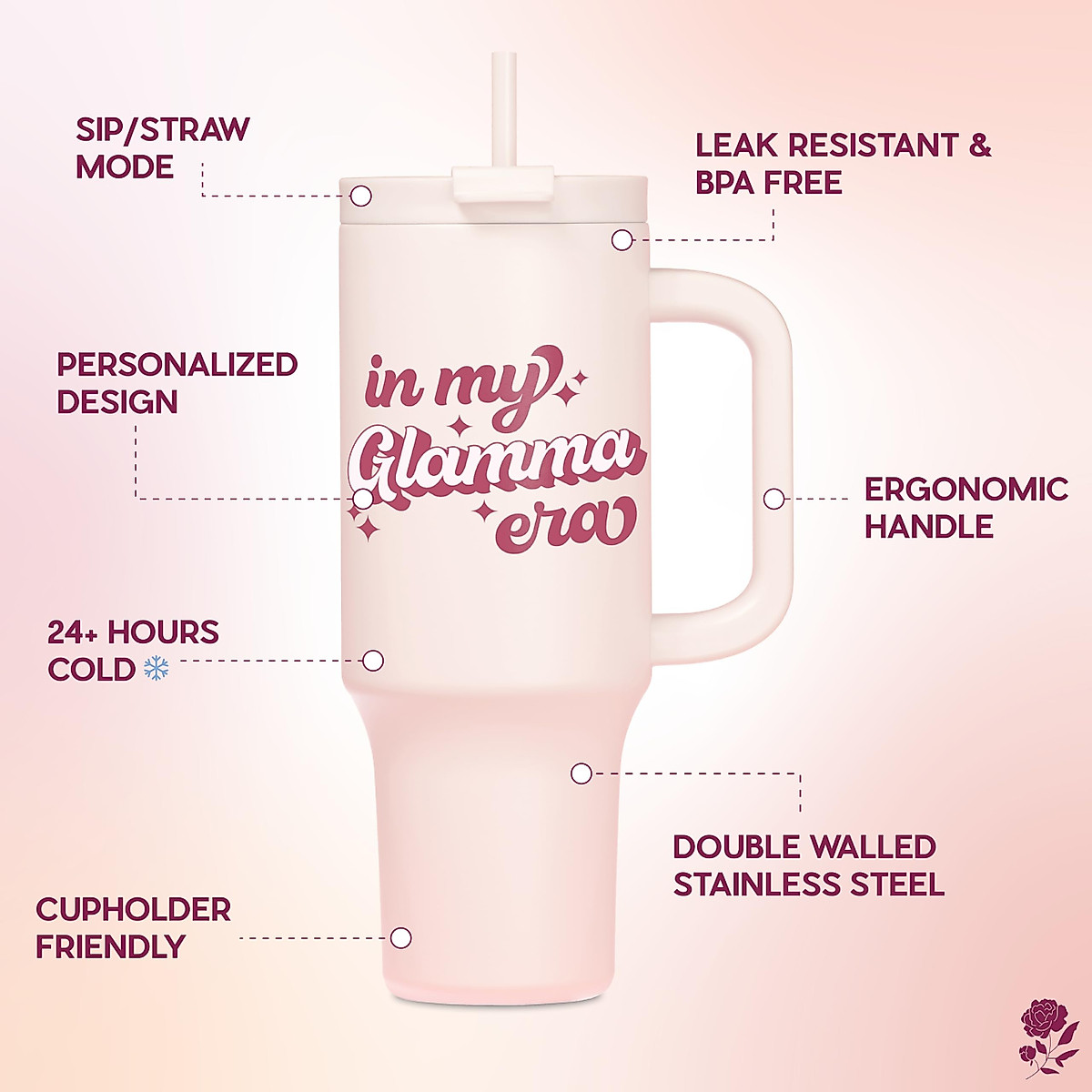 VIOLET & GALE Glamma Gifts For Grandma - Retro Collection - 40oz Insulated Tumbler with Handle, First Time Grandmother Gift, Glam ma Mug, In My Era Cup Water Bottle