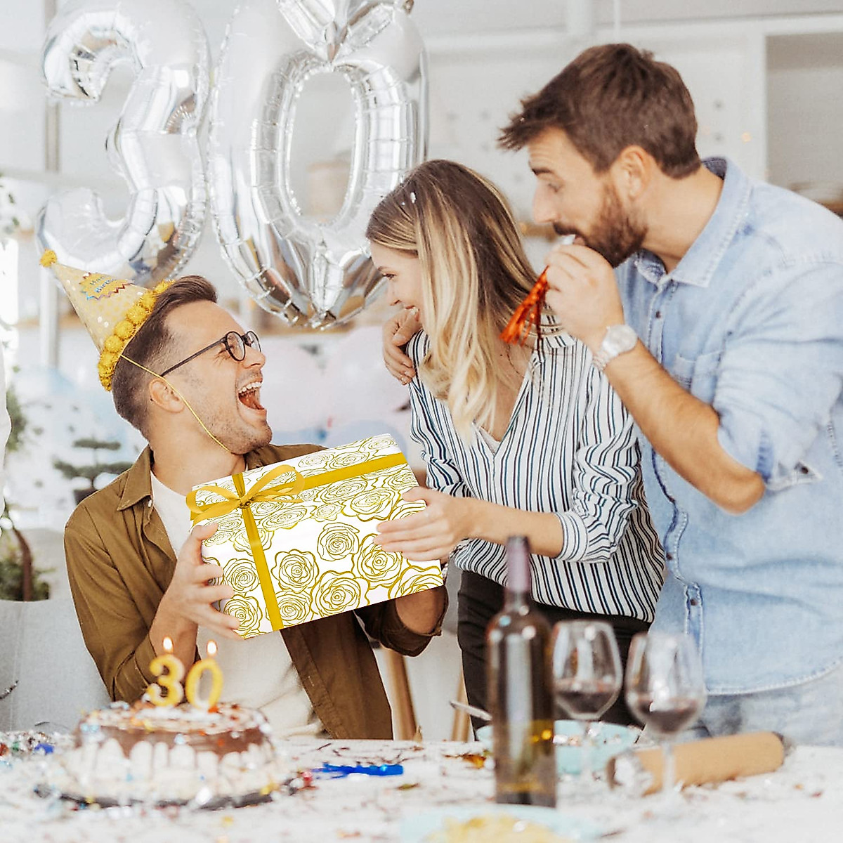 Wedding Wrapping Paper, 7 Sheets Golden Rose Pattern in White Art Paper with 1 Roll Gold Ribbon, 20 x 28 inch Per Sheet Folded Flat Gift Wrap for Weddings, Birthday, Baby Showers, Bridal Showers