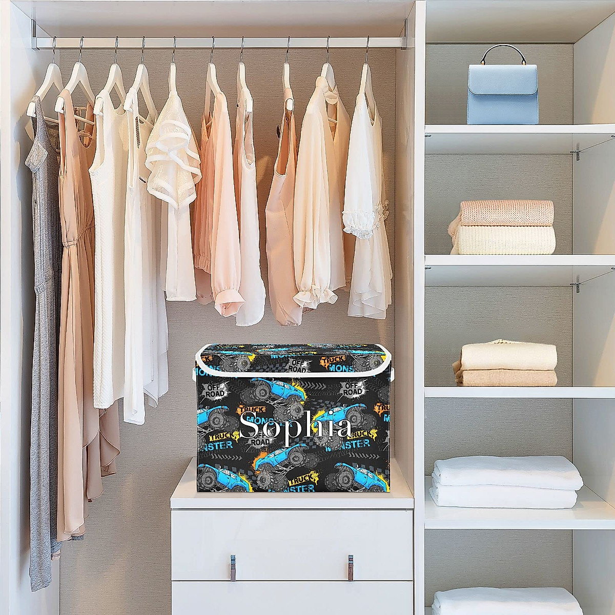 Vnurnrn Monster Truck Tires Personalized Large Storage Bins with Lids Collapsible Closet Organizer Shelf Baskets for Living Room Toys Snack