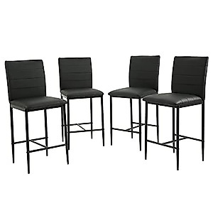 Modern Leather Bar Stools Set of 4 - Counter Height Industrial Bar Stools for Kitchen Island - High Dining Room Chairs with Soft Back Patio Furniture Chairs for Home Garden Pub Bar Backyard (Black)