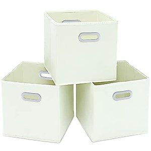 STOREONE Fabric Storage Bins Cubes Baskets Containers-(11X11X11") with Dual Handles Cube Storage Organizer Bins for Shelf Closet, Bedroom Organizers, Foldable Set of 3 (Creamy- White )