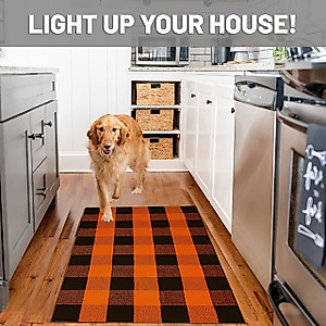 IOHOUZE Cotton Buffalo Plaid Check Rug Outdoor Doormat 27.5 x 43 Inches Washable Woven Outdoor Indoor Welcome Mats for Front Door/Farmhouse/Entryway/Home Entrance Black and Orange Outdoor Rug