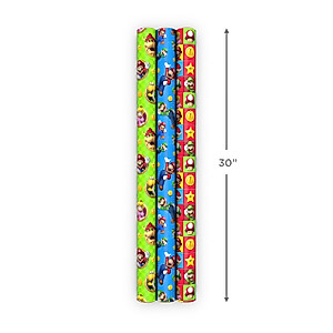 Hallmark Nintendo Super Mario Birthday Wrapping Paper Rolls for Kids Birthdays, Christmas, Any Occasion (Set of 3 Rolls: 60 Sq. Ft. Total) Mario, Luigi, Yoshi, Bowser, Princess Peach, Toad
