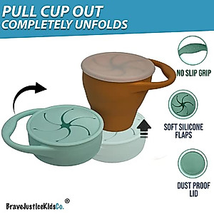 BraveJusticeKidsCo. | Snack Attack Silicone Baby Snack Cup | 2 pack | Collapsible Snack Cup (Honey Ginger and Island Paradise)