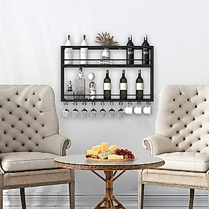 Industrial Wall Mounted Wine Rack, 2-Tier Wood Wine Bottle Shelf with Stemware Rack, Black Wine Glass Rack Multi Functional Wine Storage Display Rack for Home Bar Dining Room Kitchen (39.3×7.8×26in)