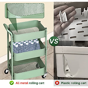 AOODA 3 Tier Under Desk Rolling Cart with Handle and Lockable Wheels, 27'' Height Small Metal Book Cart Mobile Art Cart Rolling Storage Organizer for Office, Kitchen, Bathroom (Aqua Green)