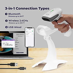Wireless Bluetooth Barcode Scanner, QR Code Scanner, USB Portable Handheld Scanners w/Stand Connect w/Tablet/Phone/PC, 1D & 2D Inventory Scanner, Symbol Barcode Scanner for Retail & Warehouse, White