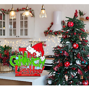 Christmas Table Decorations Wooden Green Monster Wooden Table Centerpiece Table Top, Joy Wood Desktop Signs Decor for Kitchen Home Winter Xmas Holidays Theme Party Supplies