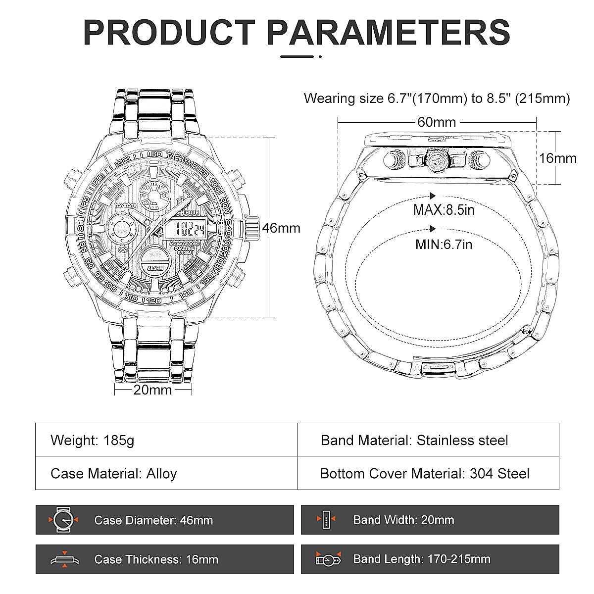 GOLDEN HOUR Luxury Stainless Steel Analog Digital Watches for Men Male Outdoor Sport Waterproof Large Big Size Heavy Wristwatch (Gold Black)