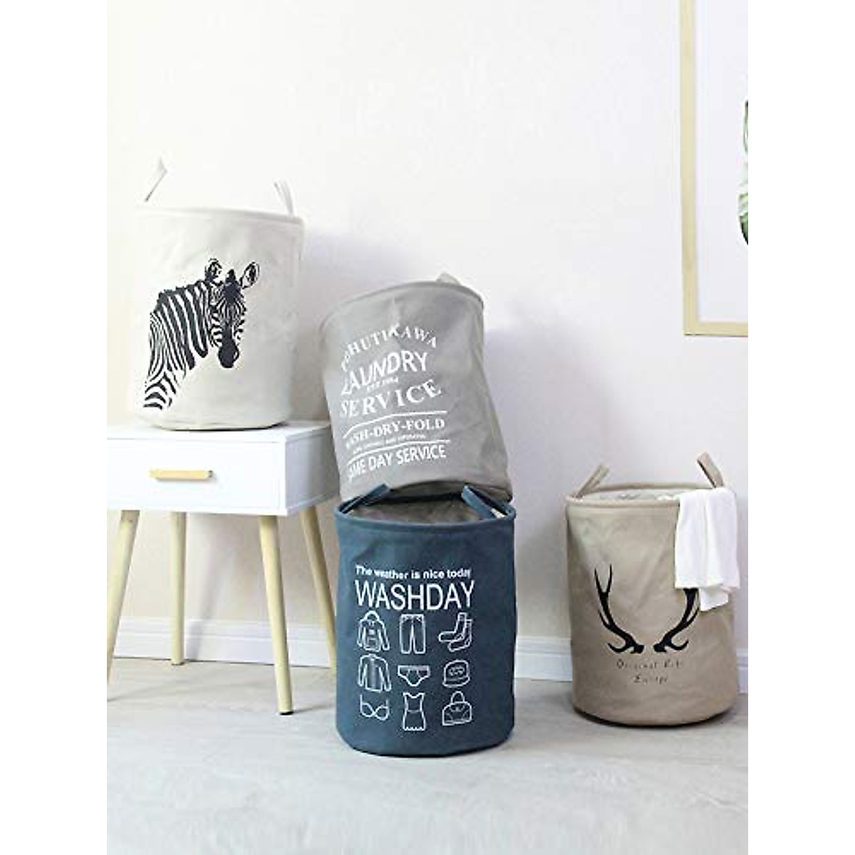 MAGILONA Home Laundry Basket Zebra Round Thick Cotton Linen Collapsible White Storage Basket (Zebra)