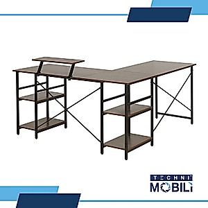 Techni Mobili Office Desk - Reversible L Shaped Desk with Storage Shelves, Monitor Stand & Accessory Holder - Ergonomic & Industrial Workstation Corner Table with Durable Steel Frame, Walnut