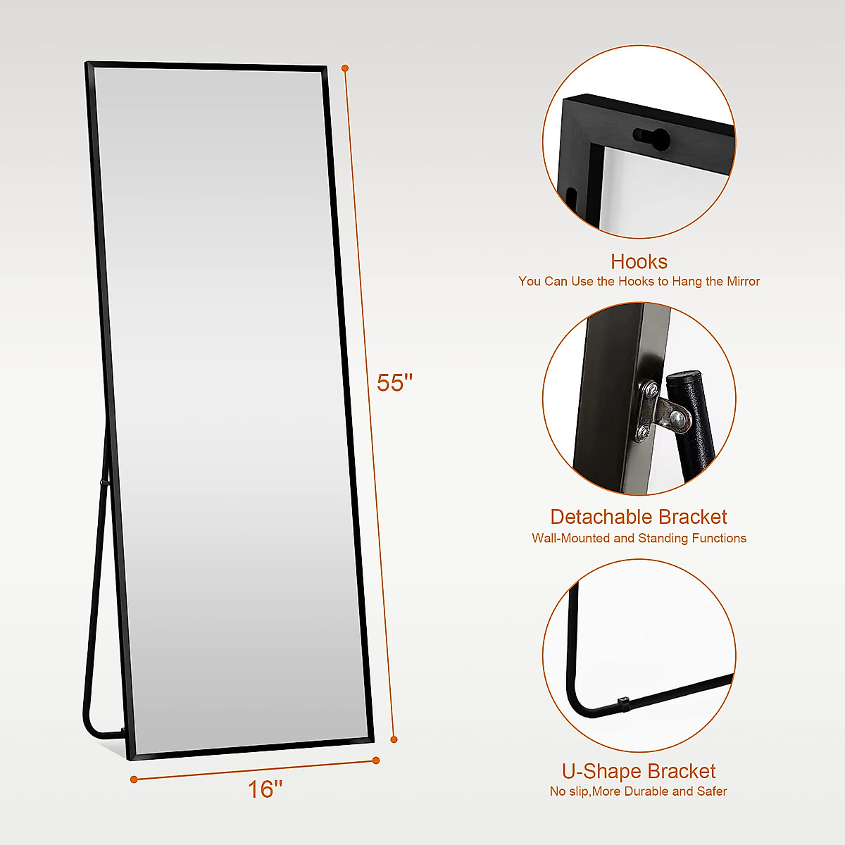 PexFix Full Length Mirror Full Body Mirror with Stand 55''×16'' Mirror Full Length with Black Aluminum Alloy Frame