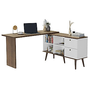 Madesa Modern L Shaped Desk 59 Inch with 2 Drawers and 4 Storage Shelves Home Office Corner Study Table Unit for Kids and Adults - White/Brown