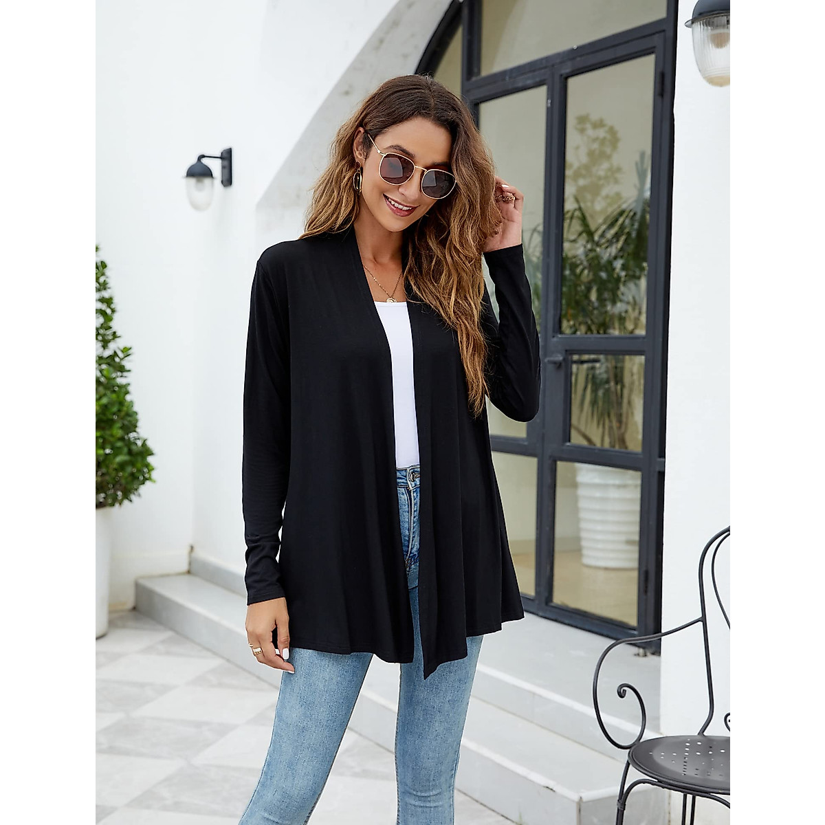 Newchoice Women's Casual Lightweight Cardigans Long Sleeve Soft Drape Open Front Black Dusters (Black, XL)