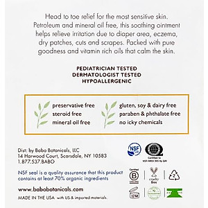Babo Botanicals 70+% Organic Sensitive Baby All Natural Healing Ointment with Medical Grade Colloidal Oatmeal, Unscented 4 Ounce