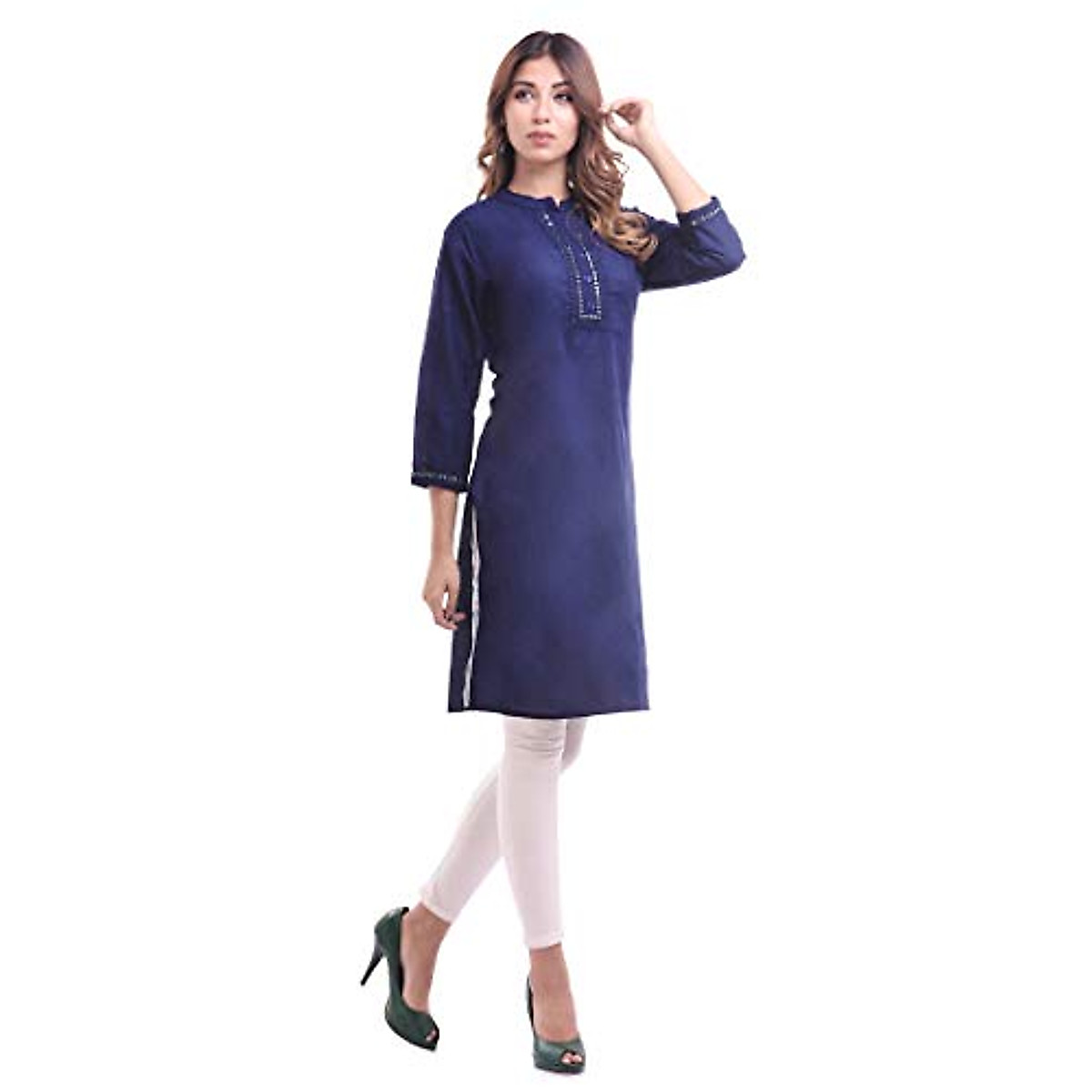 Chichi Indian Women's Plain Cotton Kurti Top, Blue, Small