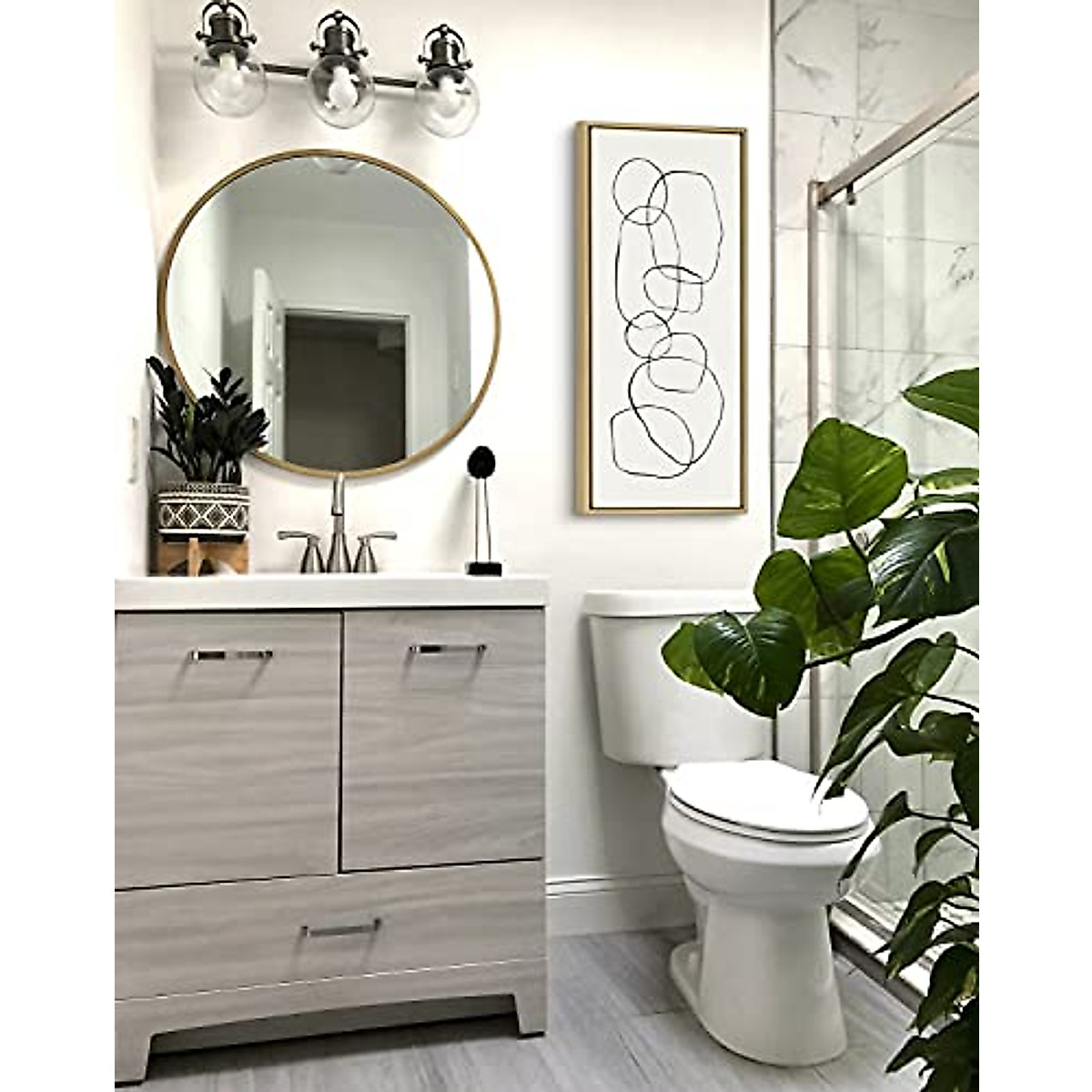 Kate and Laurel Sylvie Dancing Circles Framed Linen Textured Canvas Wall Art by Teju Reval of SnazzyHues, 18x40 Gold, Neutral Abstract Wall Decor