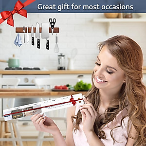 Dmore magnetic knife holder for wall—with 2 hooks, No Drilling 16 Inch Walnut wood knife magnetic strip, Extra Strong Magnet knife rack, include Adhesive Tape and screws for Kitchen