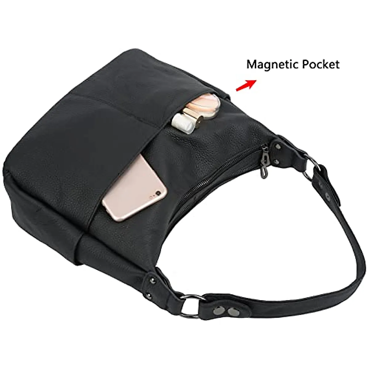 YALUXE Women's Double Zipper Cowhide Leather Style Shoulder Bag Black 2.5