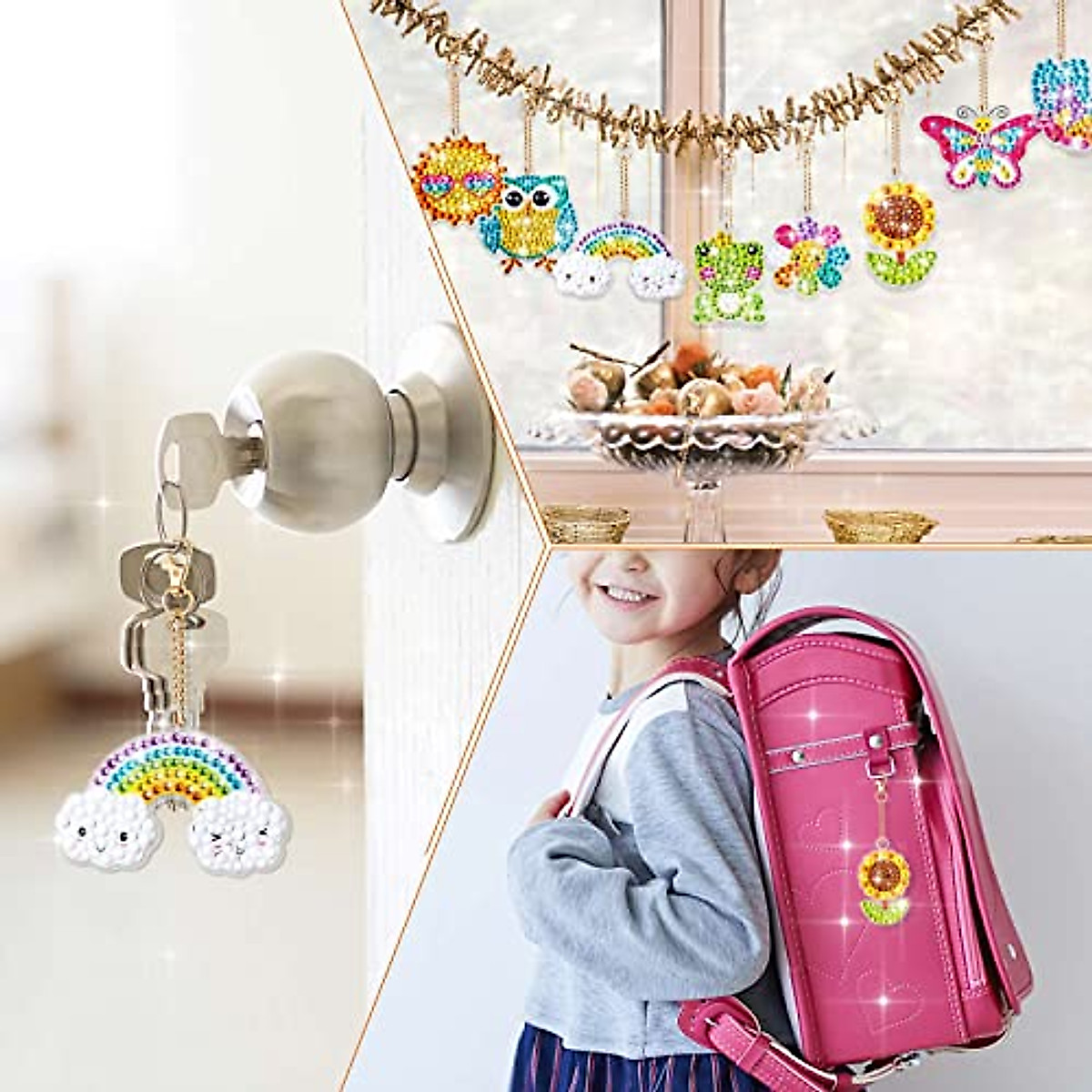 FFNIU Diamond Art for Kids, 15 Pack Diamond Painting Keychains, DIY Gem 5D Painting Arts and Crafts for Boys Girls Ages 6-8-12 (Garden Animals)