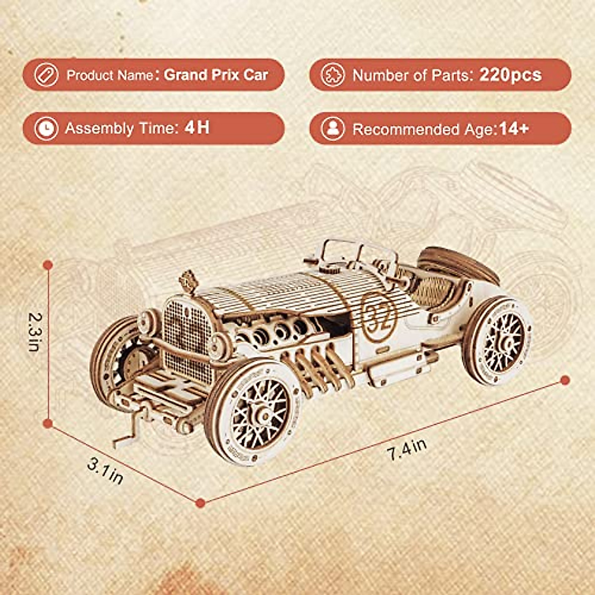 RoWood Model Cars to Build, 3D Wooden Puzzle for Adults & Teens, DIY Scale Mechanical Car Model Building Kits, Best Toys Gift for Kids - Grand Prix Car