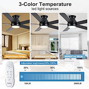POCHFAN 52 Inch Black Ceiling Fans with Lights and Remote, LED Low Profile Flush Mount Ceiling Fan for Bedroom, Living Room, with Quiet DC Motor, Dimmable 6 Speeds