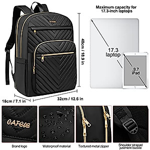 CAFELE Laptop Backpack 17.3 Inch Stylish Daypack with USB Port, Water-repellent College Bookbag,Large Bagpack for Travel/Business/Women/Quilted Black