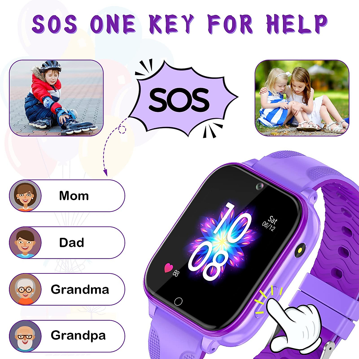 cjc 4G Kids Smart Watch with GPS Tracker and Calling, 2 Way Call SOS Kids Cell Phone Watch, Touch Screen Watch,3-15 Years Boys Girls Birthday (t10 Purple)