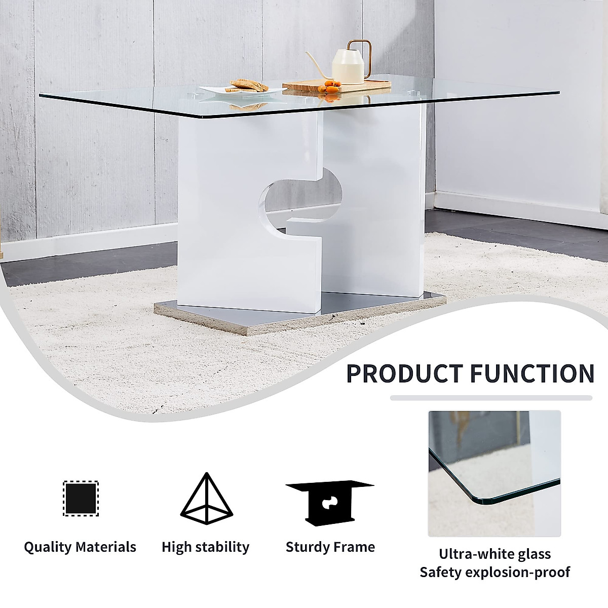 63'' Glass Dining Table for 6, 0.39" Tempered Glass Tabletop and White MDF Base,Large Dining Room Table for Home Kitchen Banquet Hall,Luxury Glass Table for Living Room Meeting Room(No Chair)