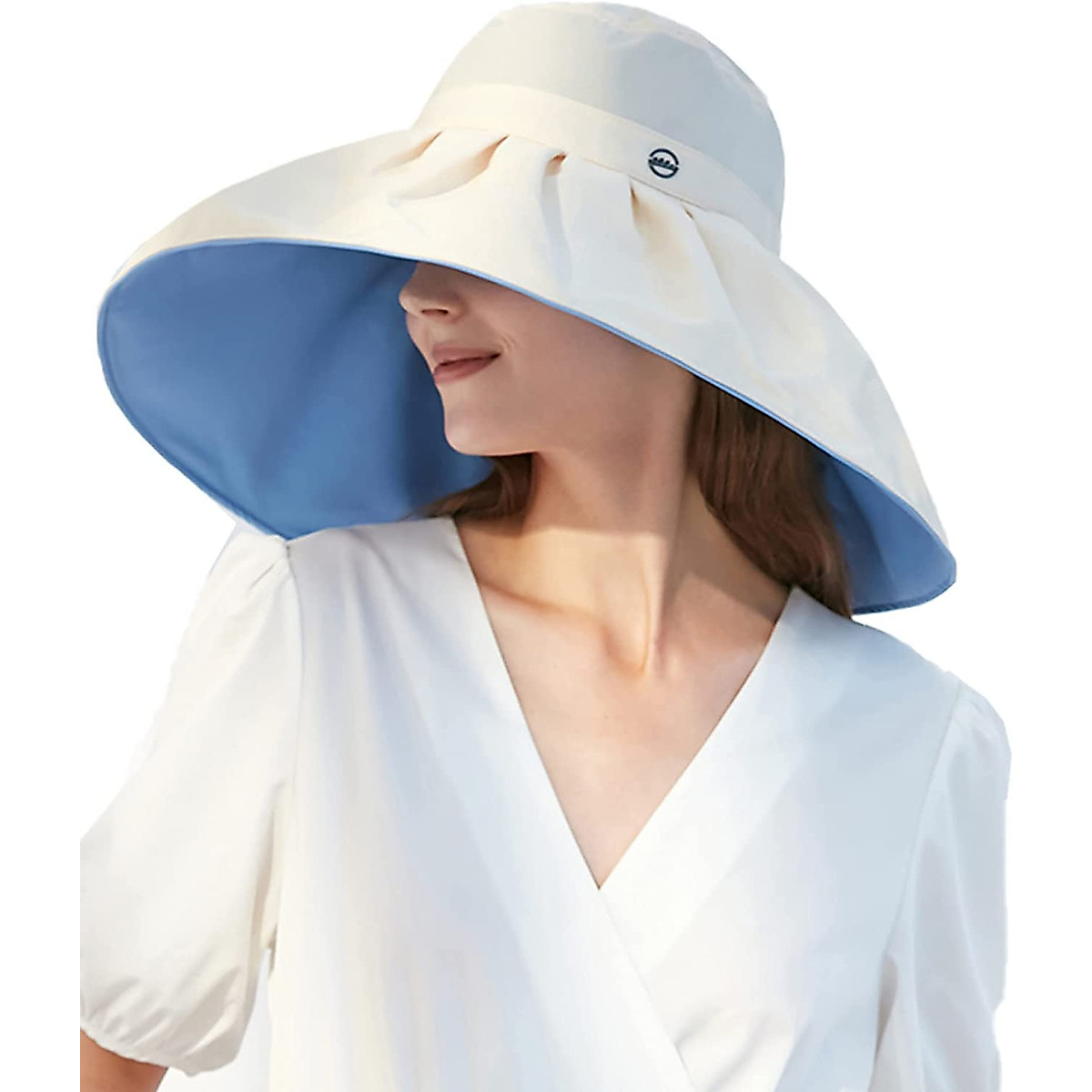 BENEUNDER Large Brim Floppy Sun Hats for Women Summer Beach Sun Hat Foldable UPF 50+ (Ivory)