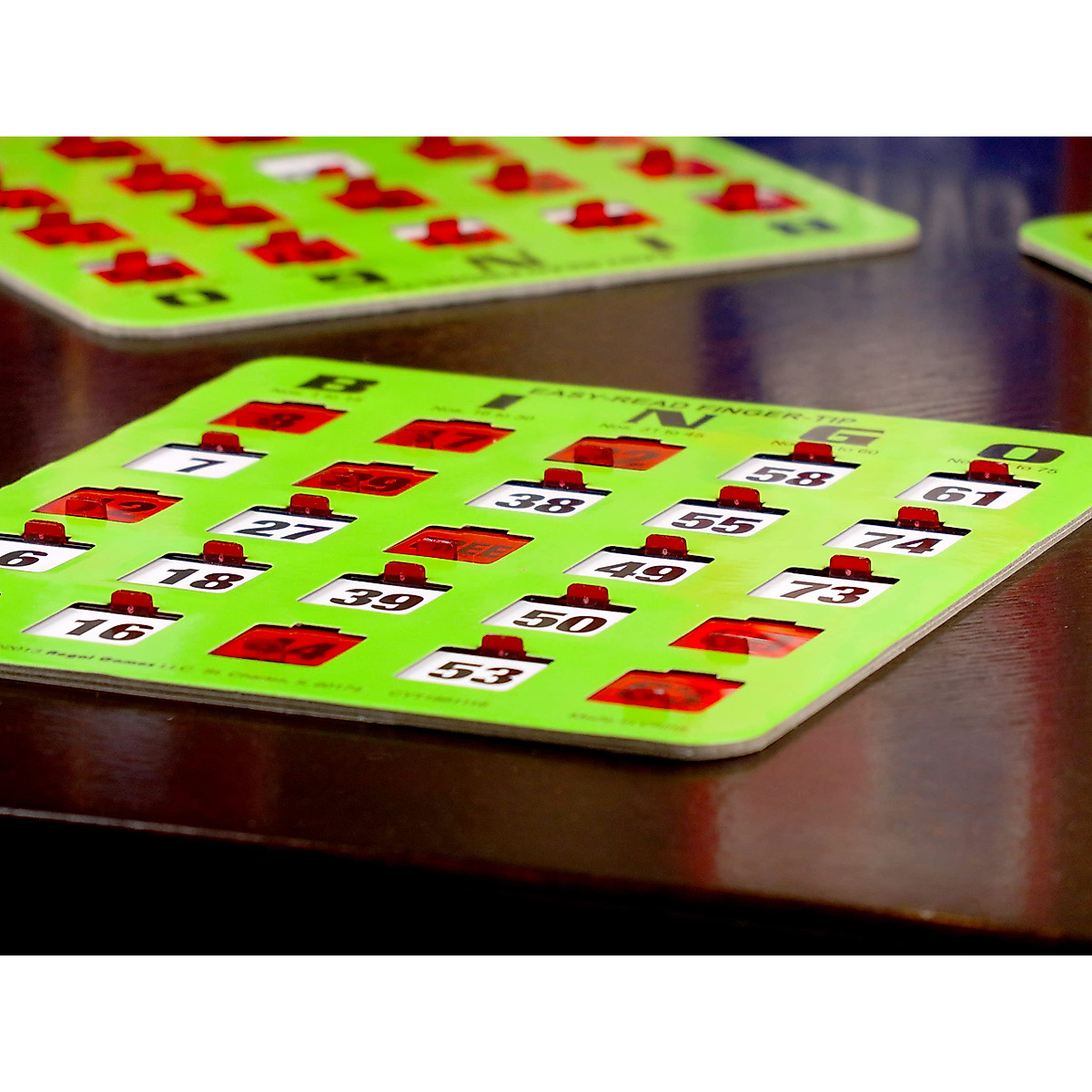 Regal Bingo Finger-Tip Shutter Bingo Cards Set w/Sliding Windows - 10 Bingo Shutter Cards, 75 Reusable Calling Cards, 1 Master Board - Ideal for Family Fun Night - No Chips & Daubers Needed - Green