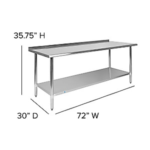 Flash Furniture Reader Stainless Steel Kitchen Prep/Work Table, Commercial Work Table with Backsplash and Undershelf, 72" W x 30" D x 36" H, Silver