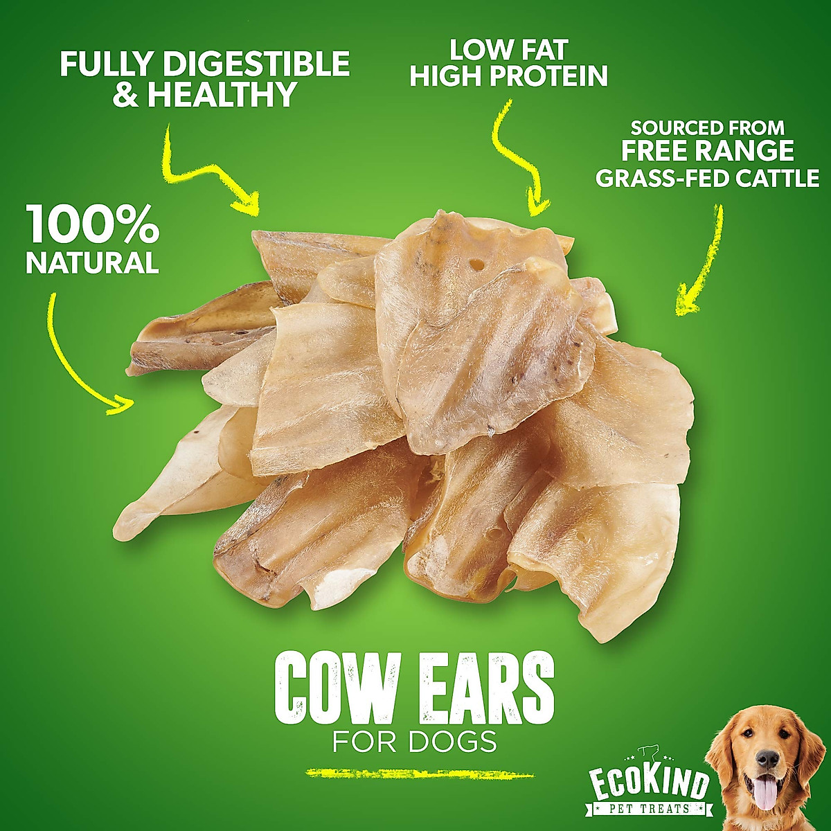 EcoKind Pet Treats Jumbo (6-8 inches Each) Cow Ear Dog Treats - 100% All-Natural Beef Dog Chews - Promotes Dental Health - Durable & Long-Lasting, Free Range Grass Fed Cattle (6 Ears)