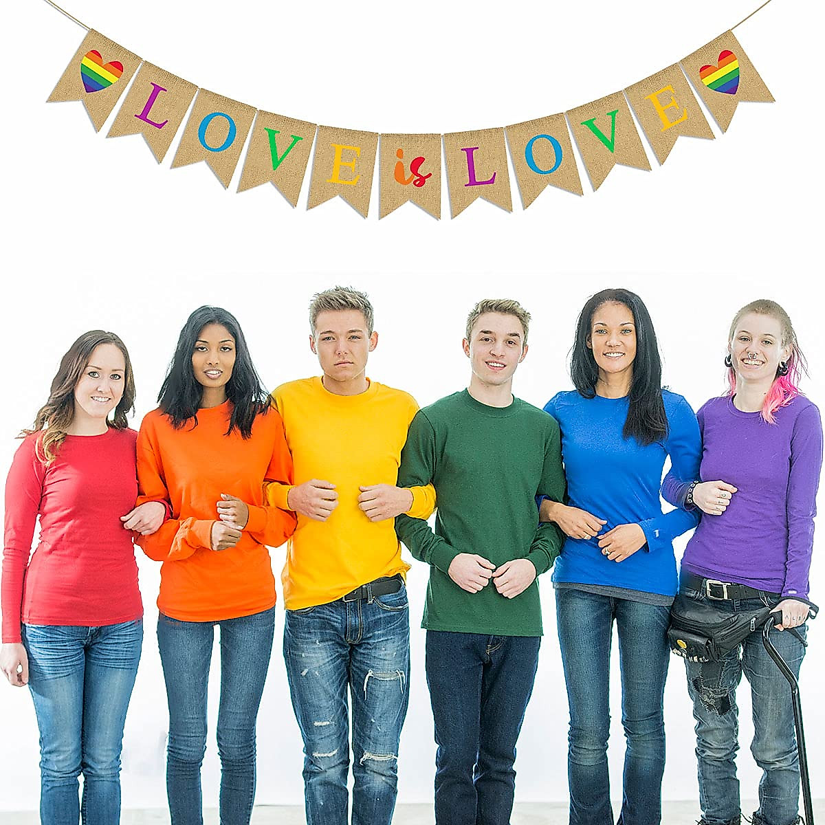 Jute Burlap LOVE IS LOVE Banner Pride Day Rustic Rainbow Heart LGBT Gay Lesbian Party Mantle Fireplace Decoration