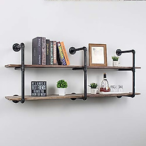 Industrial Pipe Floating Shelves,2 Tiers Wall Mount Bookshelf,63in Rustic Wall Shelves,DIY Storage Shelving Wall Shelf,Rustic Wall Shelving Unit,Wall Book Shelf for Home Organizer,Black Brushed Silver