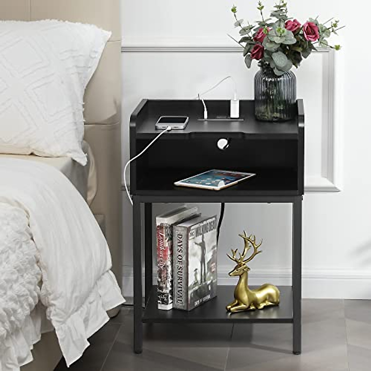 farexon Nightstand with Charging Station and USB Ports,Nightstand with Storage Drawer and Shelf, Small Bedside Table,End Table Night Stand for Bedroom(1 PCS, Black)