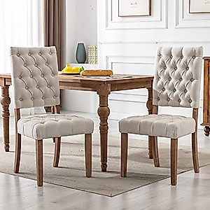 DUOMAY Tufted Dining Chairs Set of 2, Modern Linen Upholstered Dining Room Chairs Armless Guest Side Chair with Open Back for Kitchen Dining Room Restaurant, Wood Legs, Beige