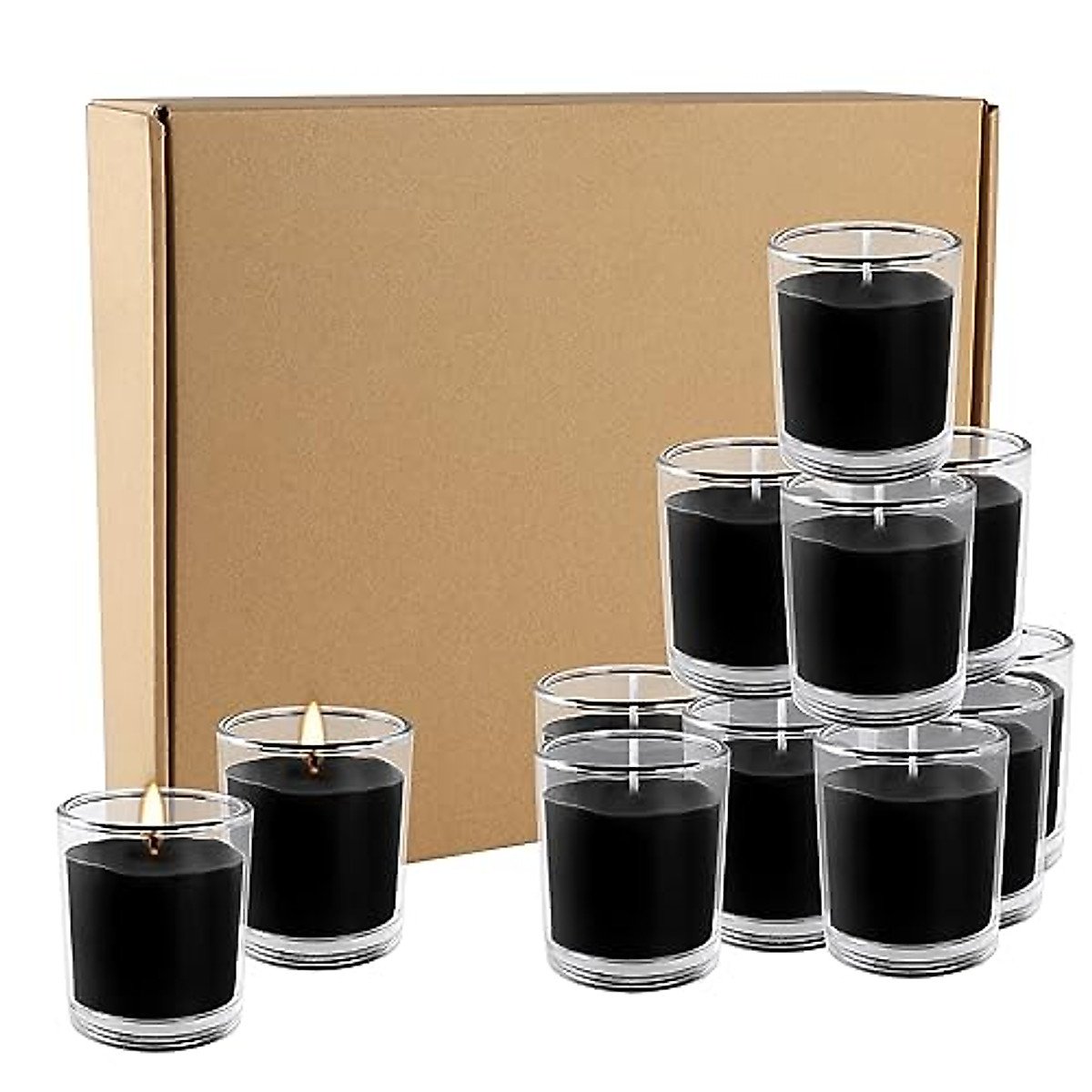 20 Pack Black Votive Candles in Clear Glass-Unscented Soy Wax Candles for Halloween Birthdays Wedding Dinner-Lasting Burn for 15 Hours