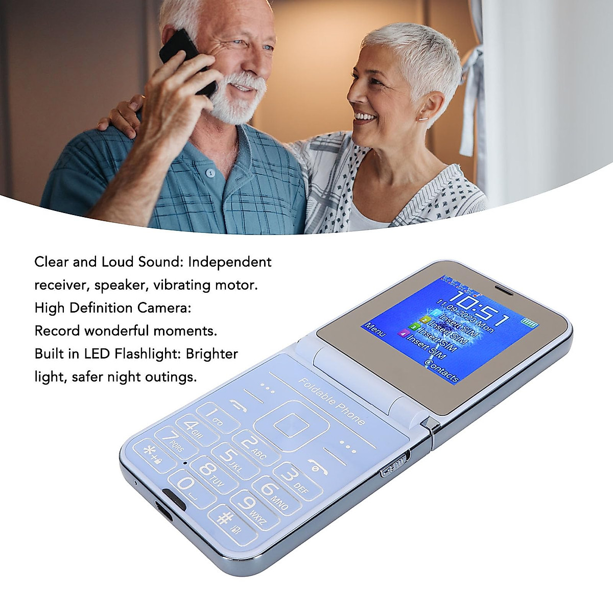 Flip Senior Cellphone, Flip Mobile Phone, Big Clear Sound Cellphone Built in LED Flashlight with HD Camera for Elderly, Dual Screen Display(Internal and External Screens)