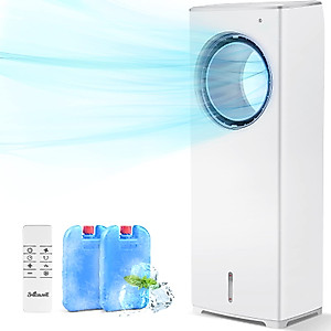BREEZEWELL 3-IN-1 Windowless Portable Air Conditioner, 32-INCH Evaporative Cooler for Home, 3 Wind Speed & 4 Modes,Washable Water Tank, 8H Timer,20ft Remote Bladeless Evaporative Air Cooler for Room