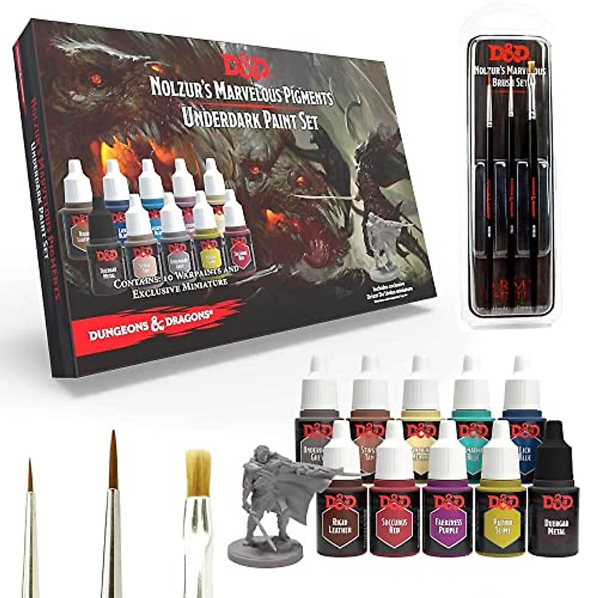 The Army Painter Dungeons and Dragons Underdark Paint Set Bundle with Nolzur's Marvelous Brush Set - Painting Set for Model Miniature Painting with 10 Warpaints and 1 D&D Drizzt Do'Urden Miniature