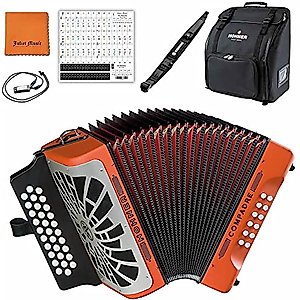 Hohner Compadre GCF COGO Accordion, Orange Bundle with Hohner Bag, Strap, Mini Harmonica, Juliet Music Polish Cloth & Piano Key Stickers