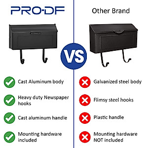 Cast Aluminum Metal Mailbox with Newspaper Hooks, Easy to Install Wall Mount, Heavy Duty, Rustproof Coated Paint, Horizontal Mail Box for House Porch - 16” x 4.25” x 8.25” (Swedish Silver)